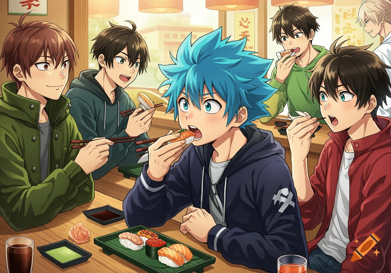 Anime boys eating sushi at a table in a restaurant. on Craiyon
