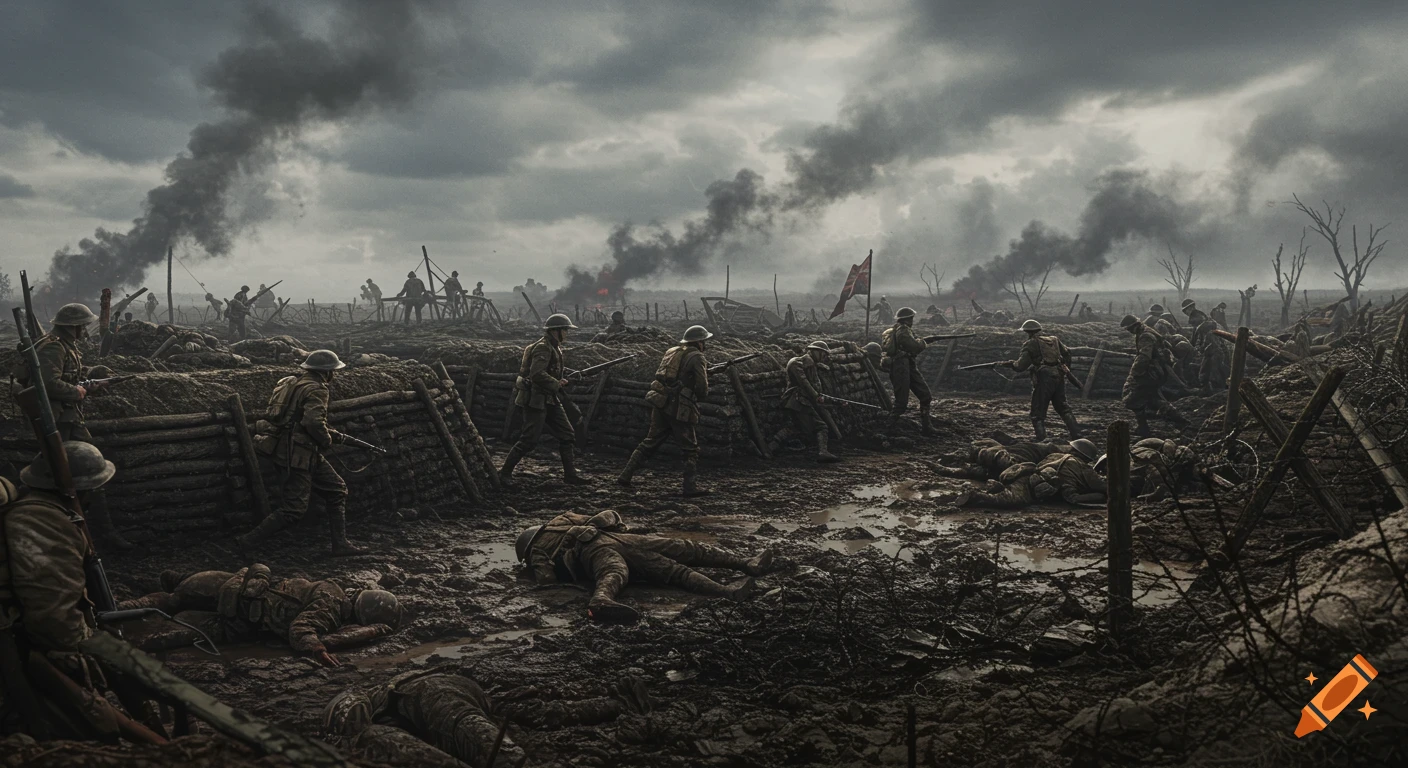 WWI soldiers in muddy trenches on a smoke-filled battlefield with ...