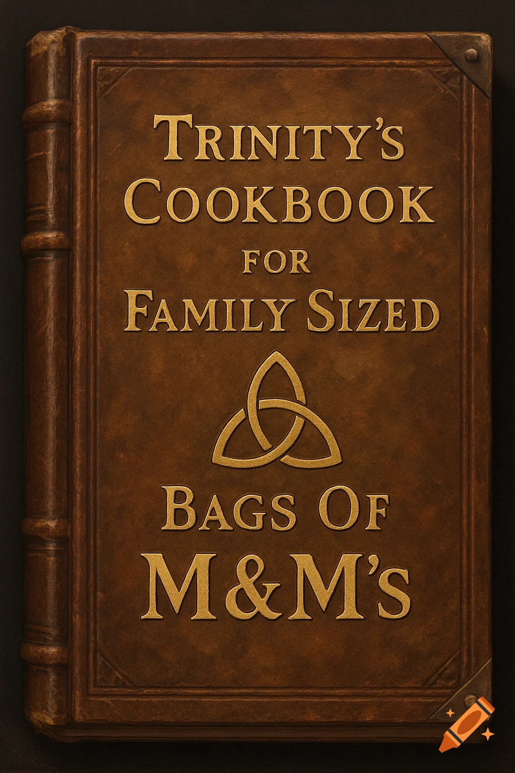 A brown leather book cover with gold embossed text reading "Trinity's Cookbook For Family Sized ...