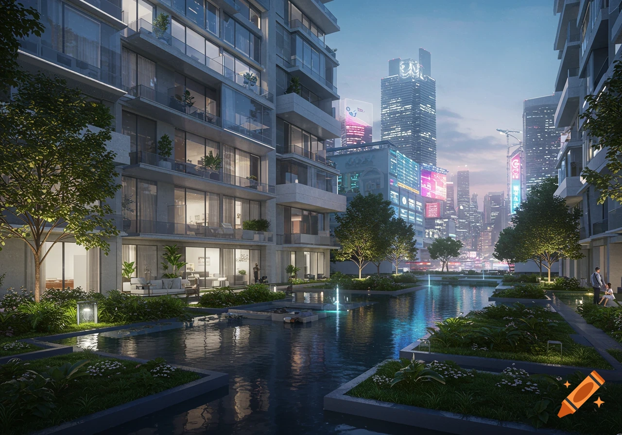 Futuristic apartment buildings overlooking a garden pond with a ...
