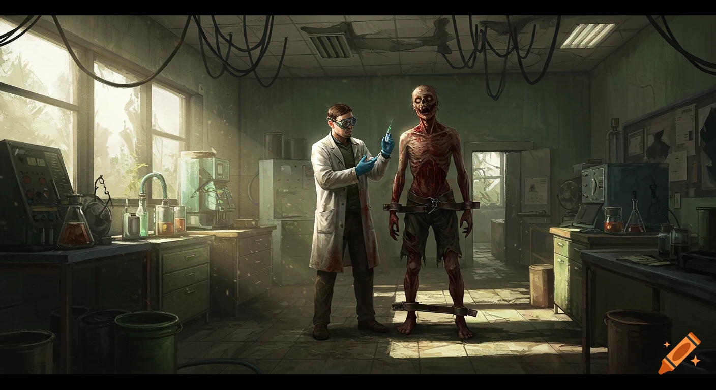 A scientist in a lab coat injects a chained zombie in a ruined ...