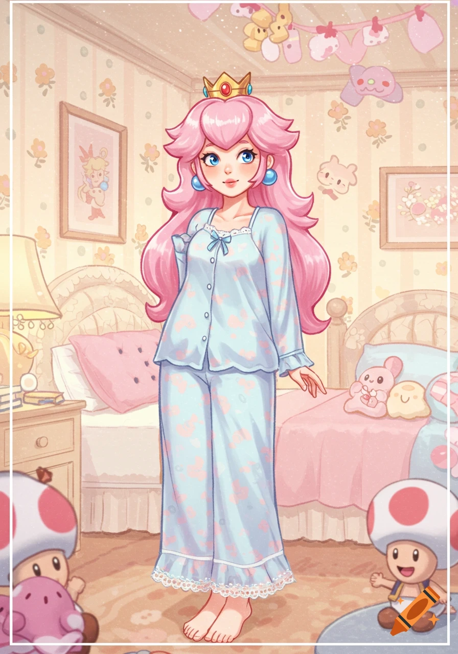 Princess Peach in pajamas standing in a cartoon bedroom with stuffed ...