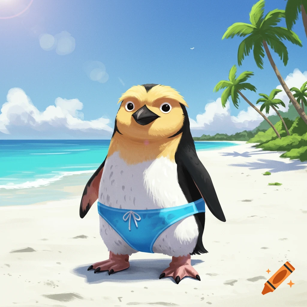 Cartoon penguin in blue speedo stands on a sandy beach with palm trees ...