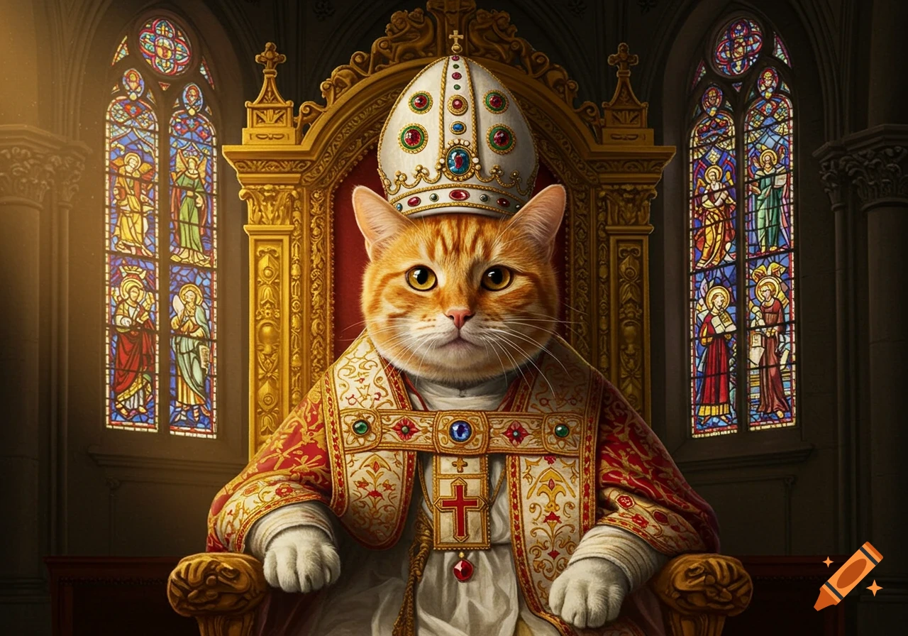 Orange cat dressed as a pope sits on a golden throne in a church with ...