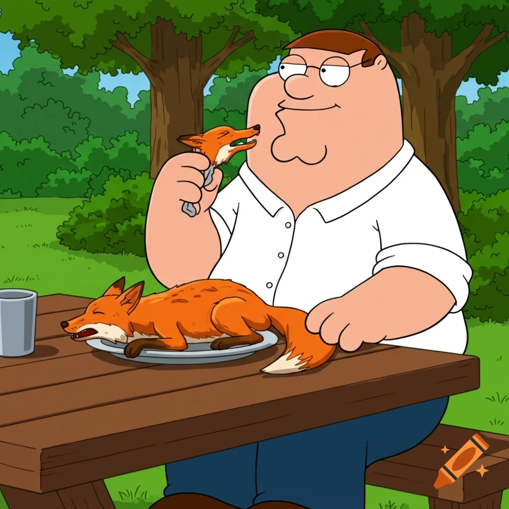 Peter Griffin eats a roasted fox at a picnic table in a cartoon style ...