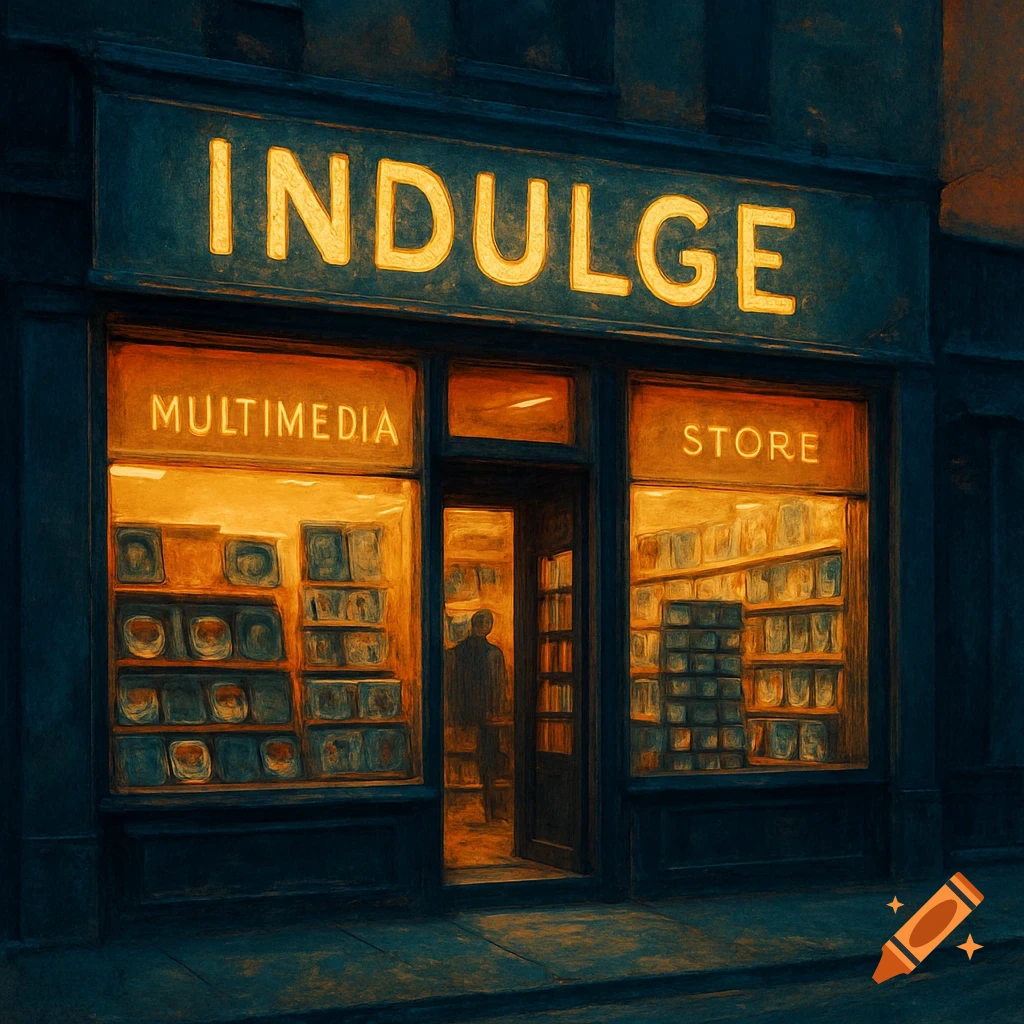 Painterly view of a store facade at night with glowing INDULGE ...