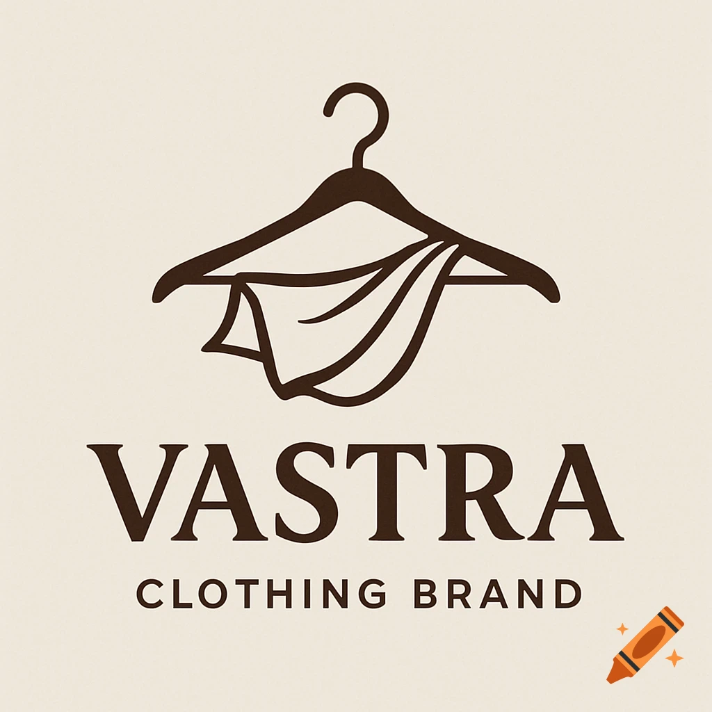 Logo with a hanger draped with fabric and the text VASTRA CLOTHING BRAND. on Craiyon