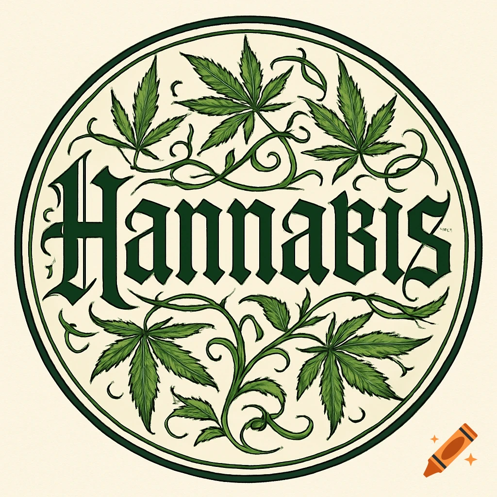 Circular logo with green gothic text "Hannabis" surrounded by cannabis ...