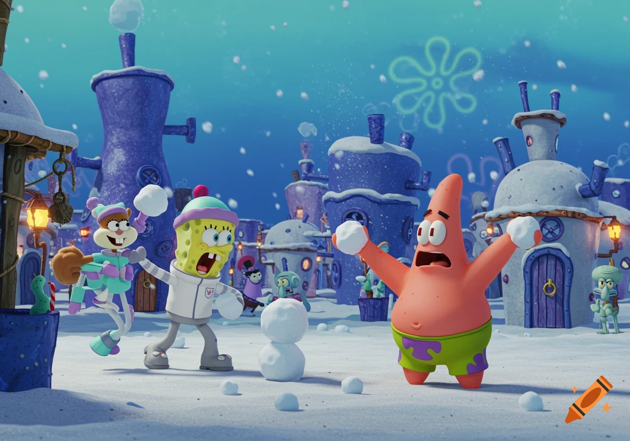 Spongebob, Patrick, and Sandy have a snowball fight in snowy Bikini ...