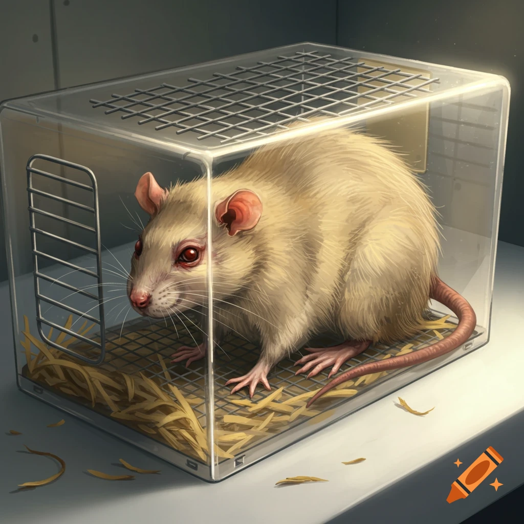 A light-colored rat with red eyes sits in a clear plastic lab cage ...