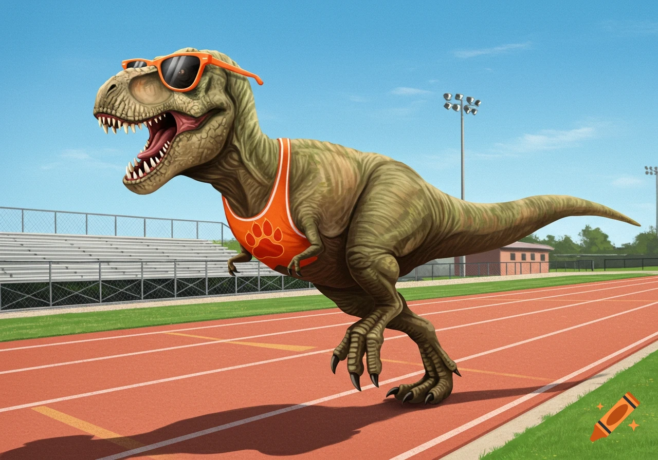 A T-Rex wearing sunglasses and a runner's singlet runs on a track. on ...