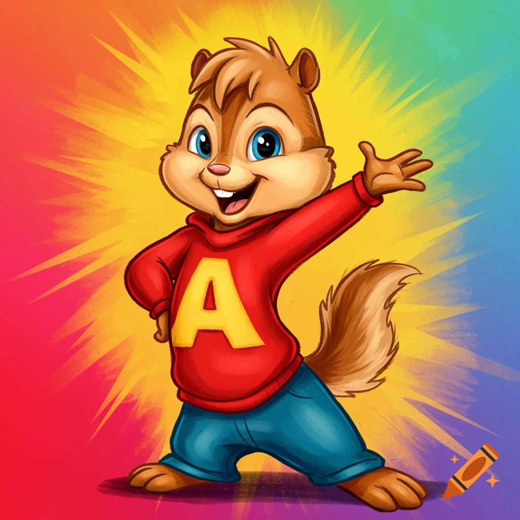 Cartoon chipmunk wearing a red shirt with a yellow A stands against a ...
