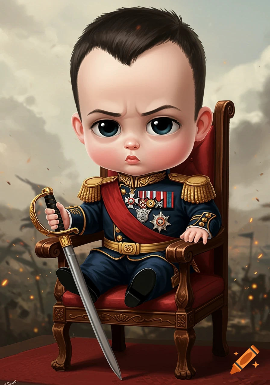 A cartoon baby dressed as a military general sits on a chair holding a ...