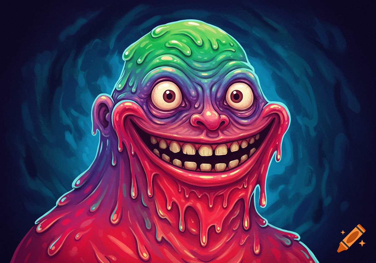 A cartoon illustration of a melting, colorful monster with a wide grin ...