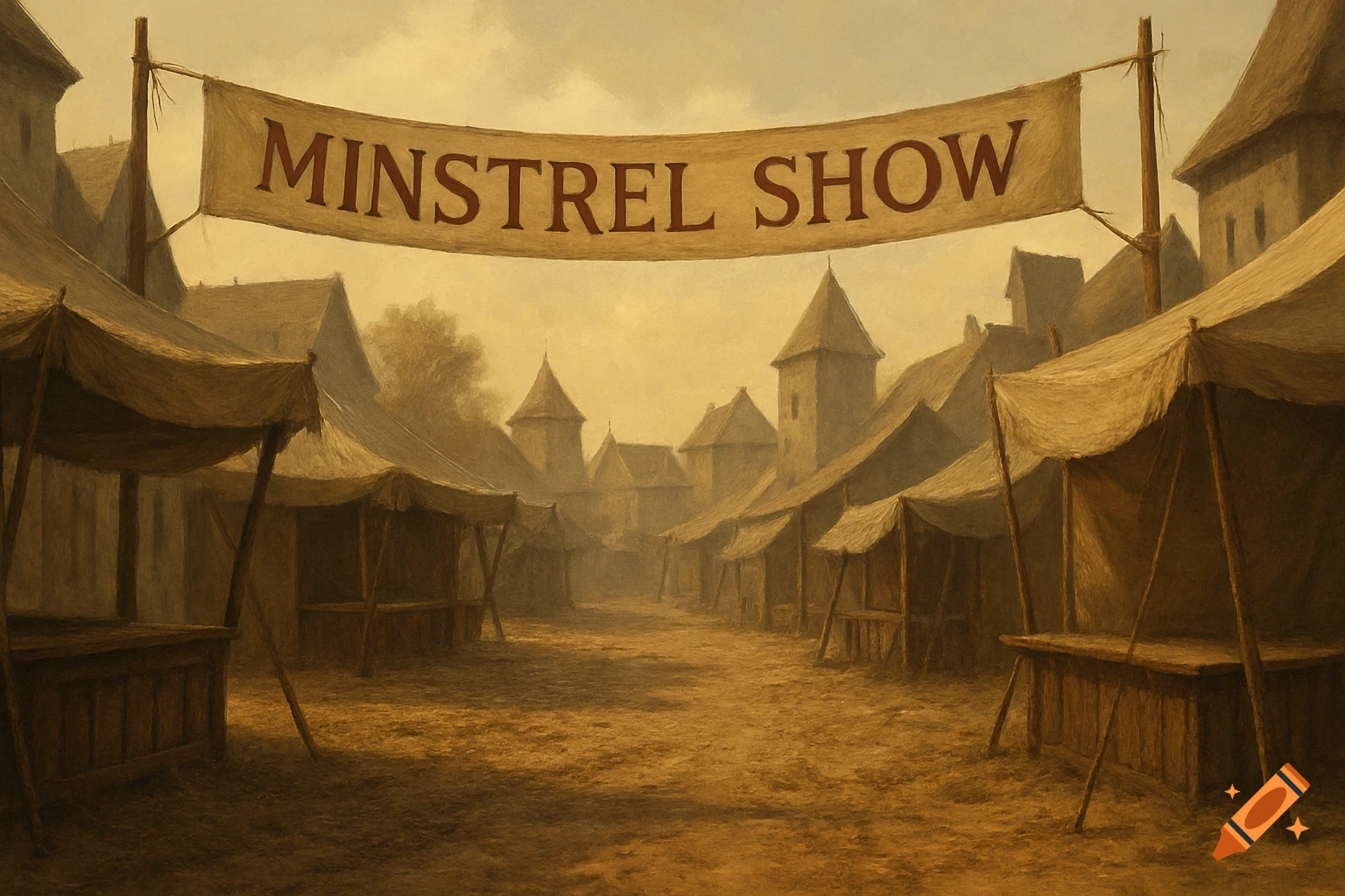 A deserted medieval faire scene with market stalls and a banner reading ...