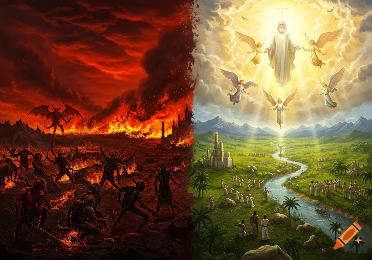 Divided scene: hellscape with demons contrasted with serene heaven ...