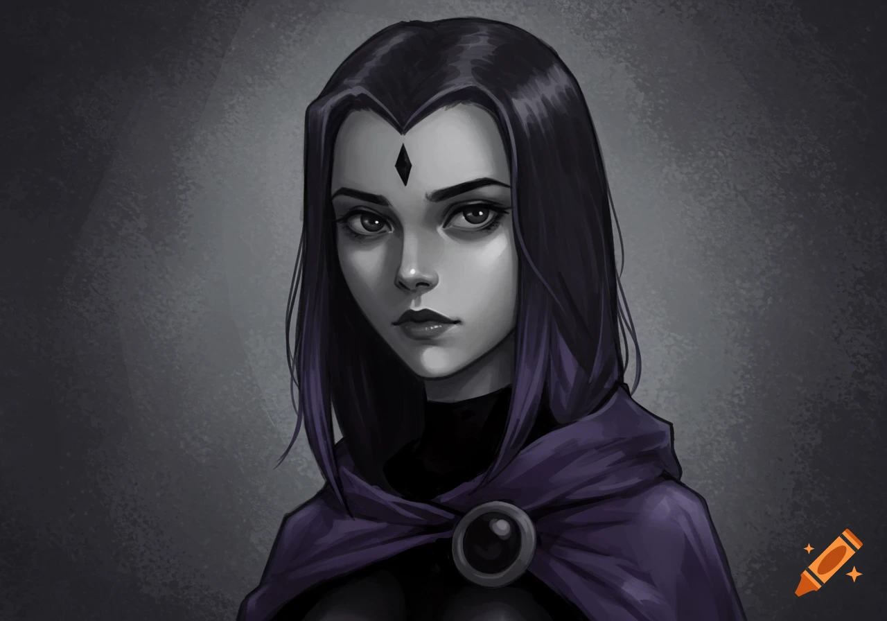 Portrait illustration of Raven from DC Teen Titans in grayscale on Craiyon