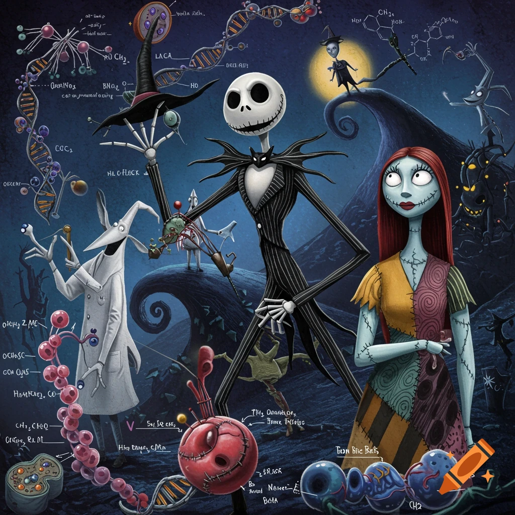 Jack Skellington, Sally, and Dr. Finkelstein stand among biological ...