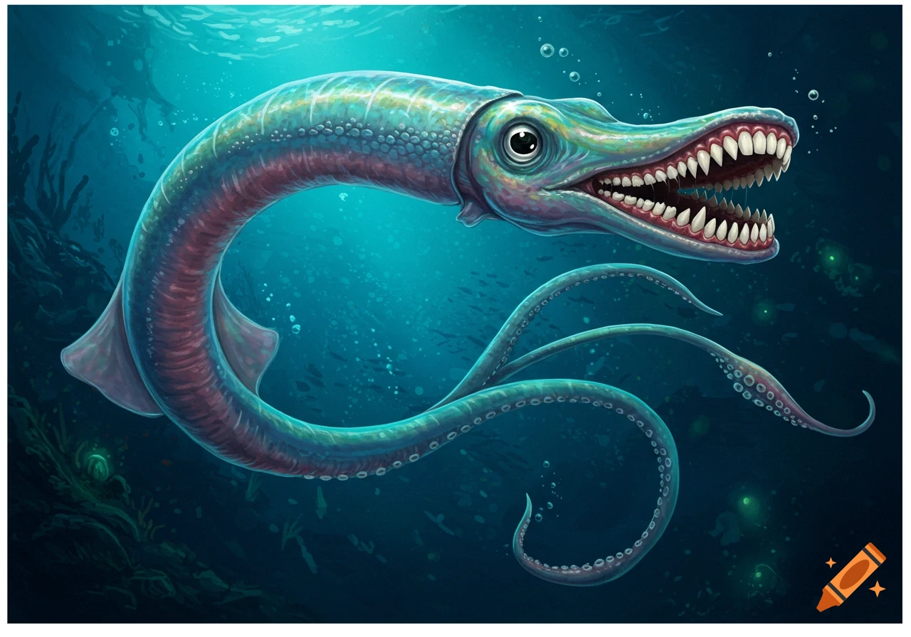 Illustration of a long-necked underwater creature with tentacles and ...