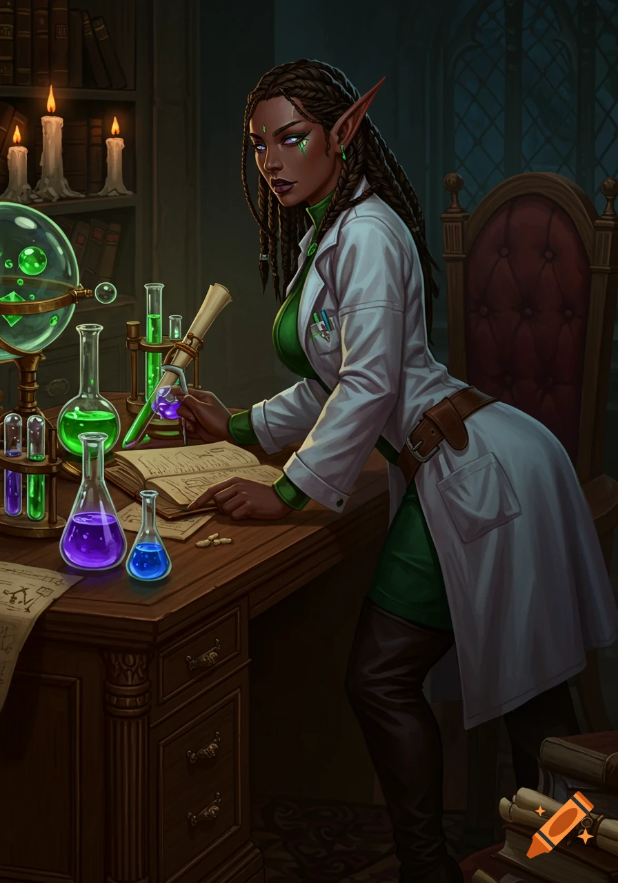 Dark elf scientist woman leans over a desk with beakers, holding a ...