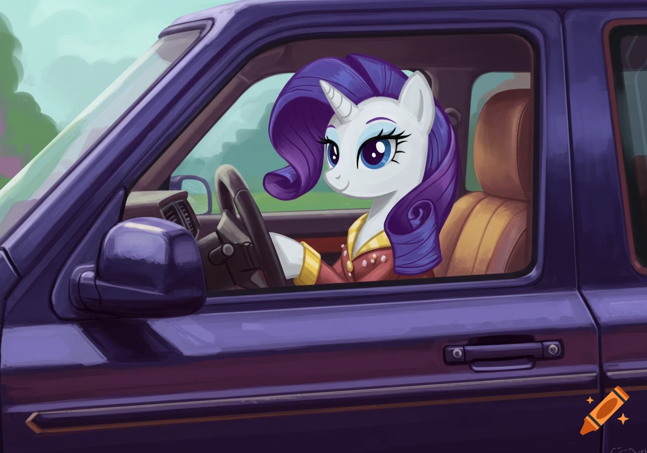 Rarity from My Little Pony driving a purple SUV in a digital painting style. on Craiyon