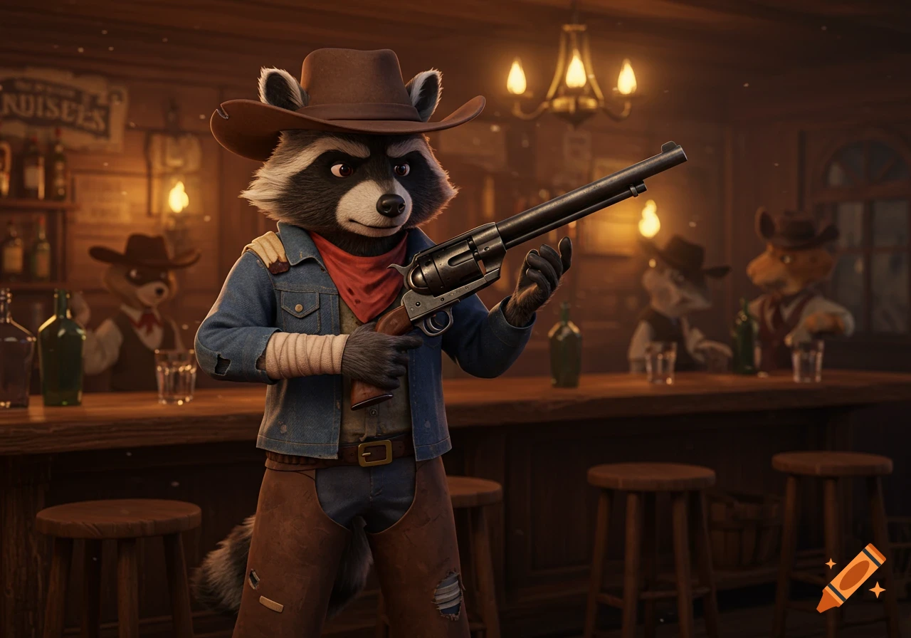 A 3d Illustration Of An Anthropomorphic Raccoon Cowboy Holding A Rifle