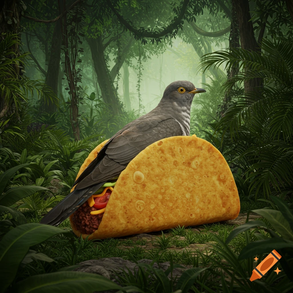 A cuckoo bird sits inside a taco in a jungle setting, rendered in a 3D ...