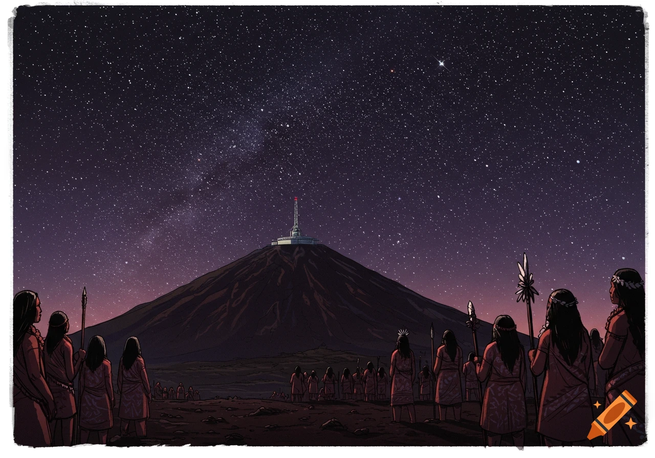 Illustration of Indigenous people standing before a mountain under a ...