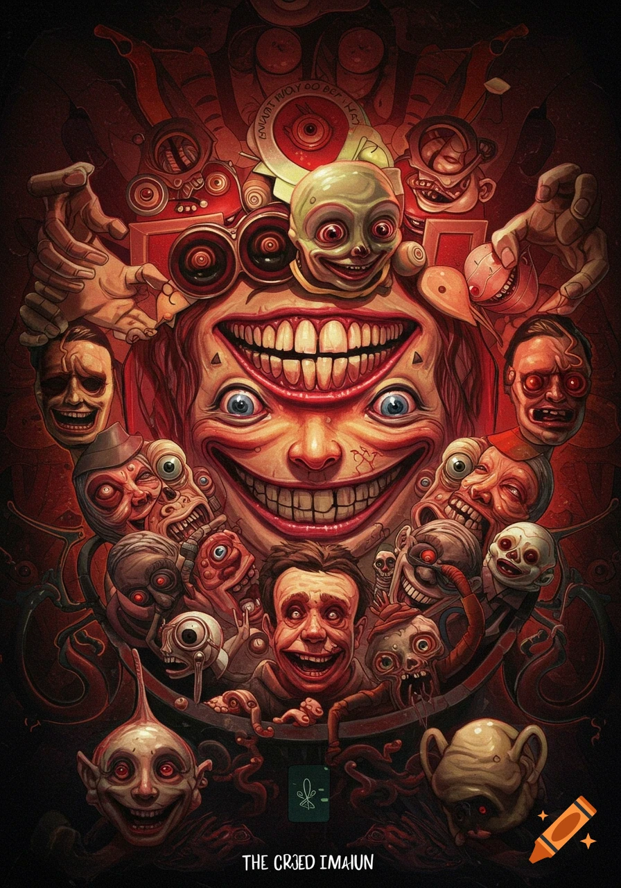 An unsettling collage of distorted, grinning faces, eyes, and bizarre ...