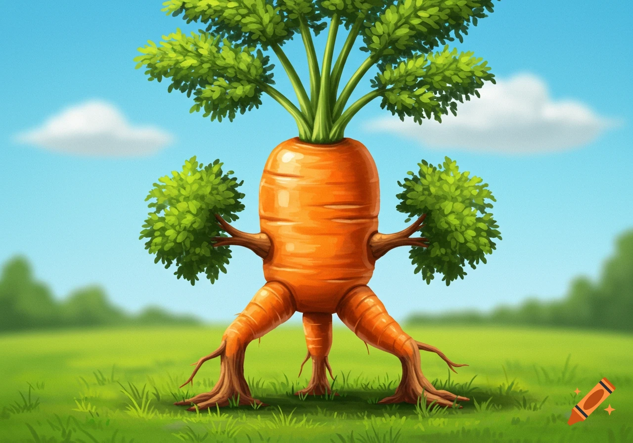 A whimsical illustration of a carrot creature with tree roots for feet ...