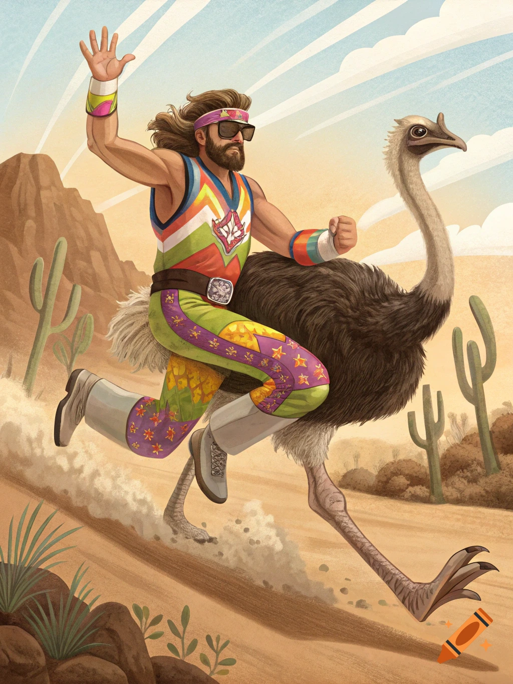 Illustration of a man resembling Macho Man Randy Savage riding an ...