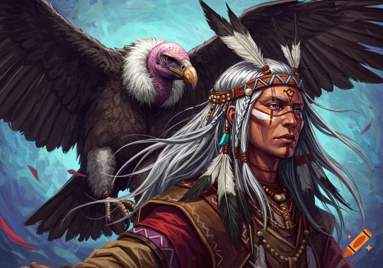 Detailed illustration of a shaman with face paint and feathers, with a ...