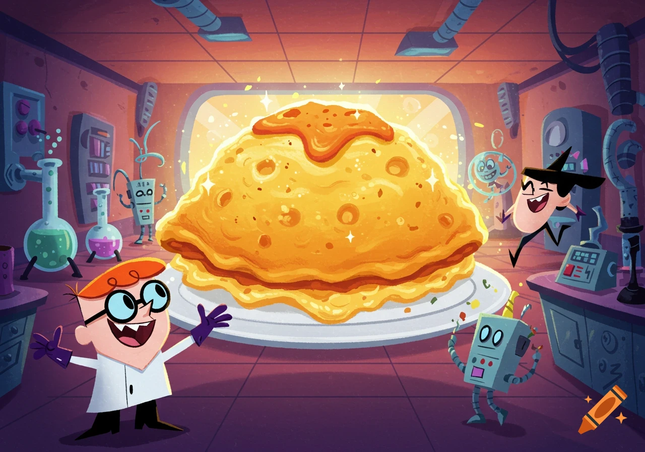 Dexter, Dee Dee, and Mandark look at a giant omelette in a science lab ...