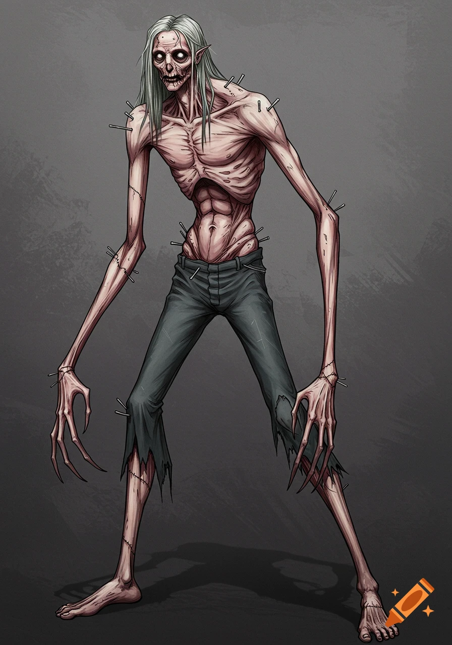 Illustration of a tall, gaunt creature with staples, long limbs, grey ...