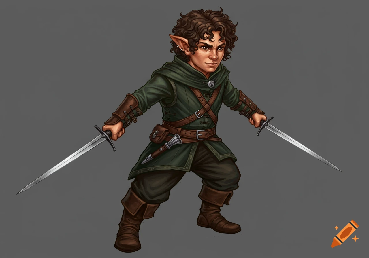 Fantasy drawing of a halfling assassin holding two swords. on Craiyon