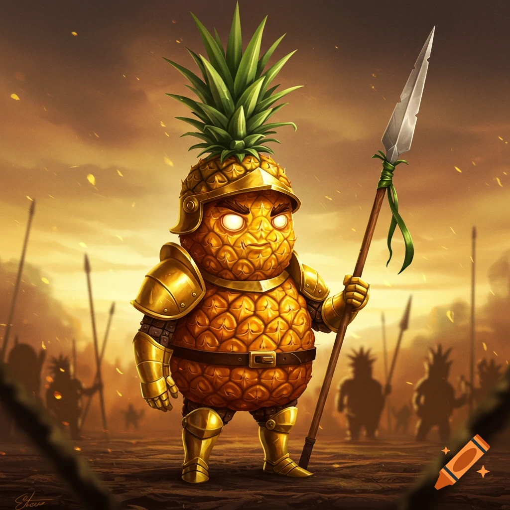 Pineapple soldier in golden armor holds a spear on a battlefield. on Craiyon