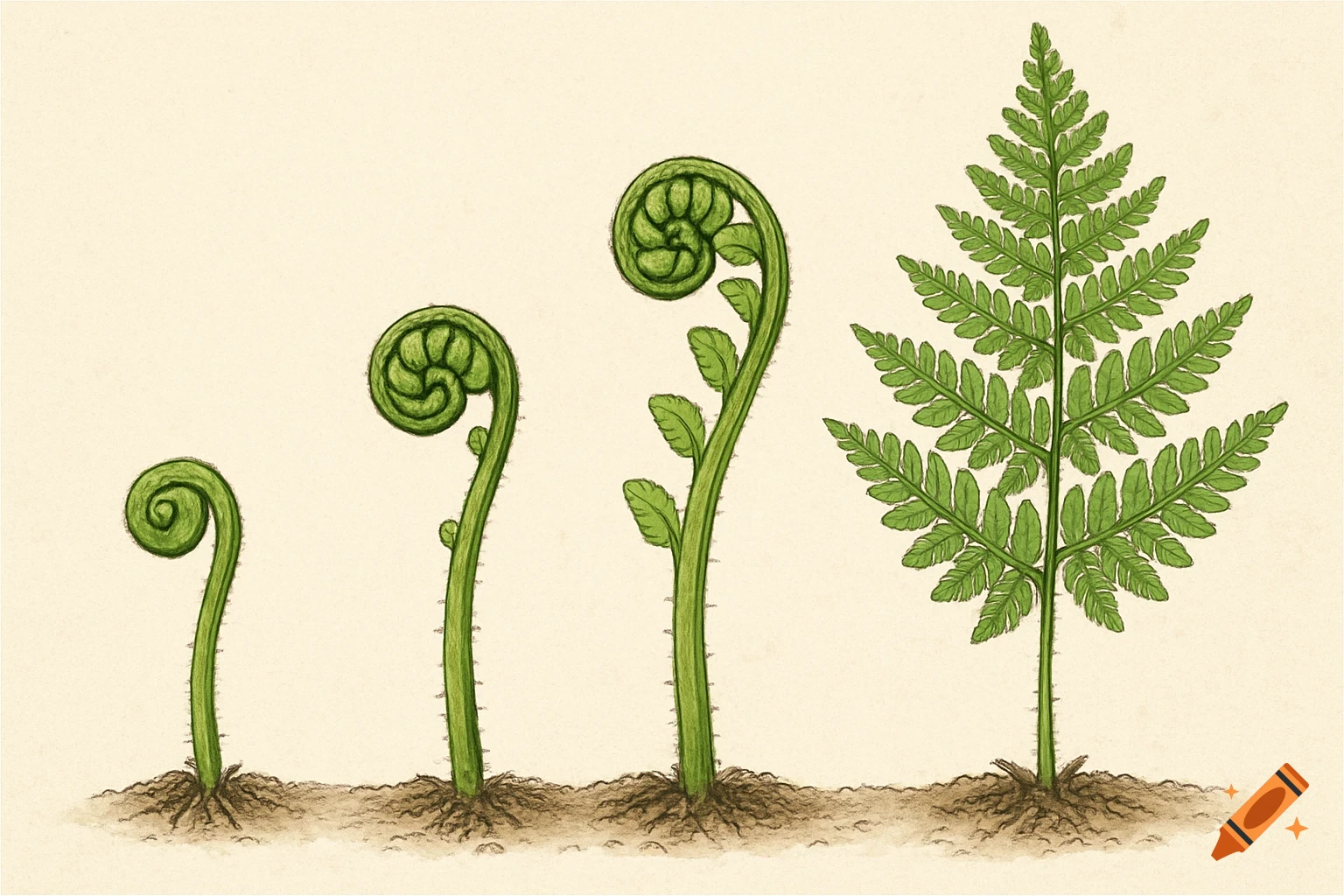 Illustration showing four stages of a fern's growth. on Craiyon