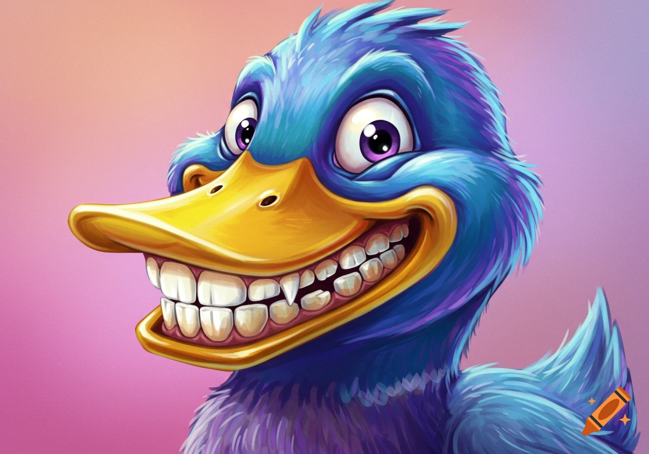Close-up illustration of a blue and purple cartoon duck with human-like teeth grinning broadly ...