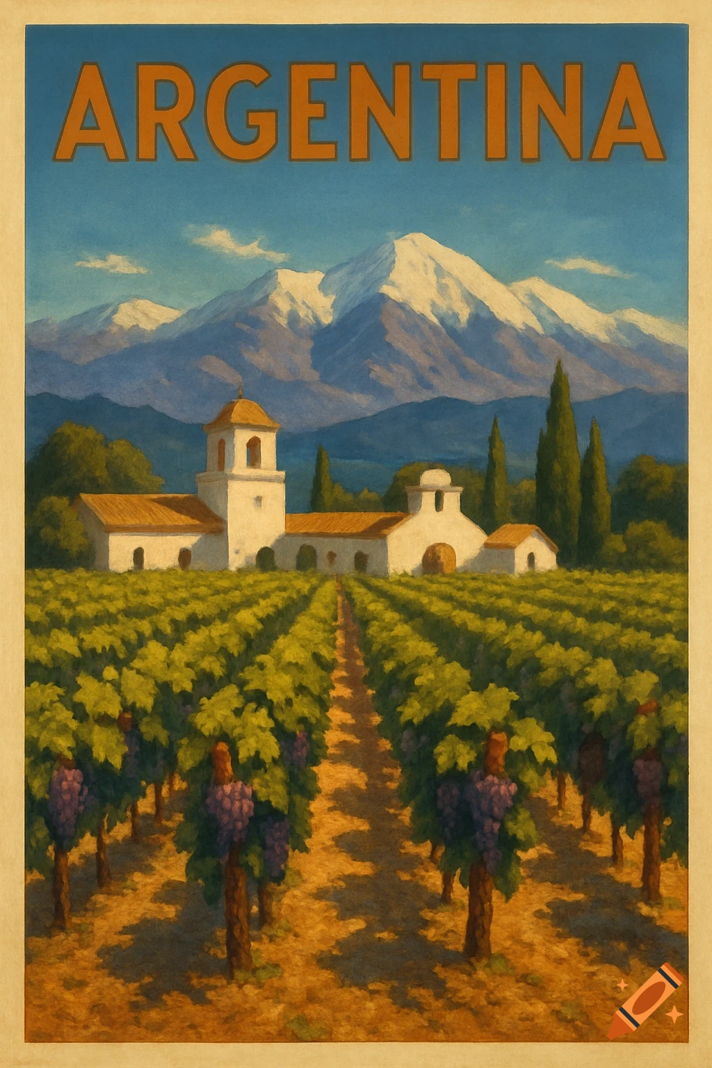 Vintage travel poster of an Argentinian vineyard with mountains and ...
