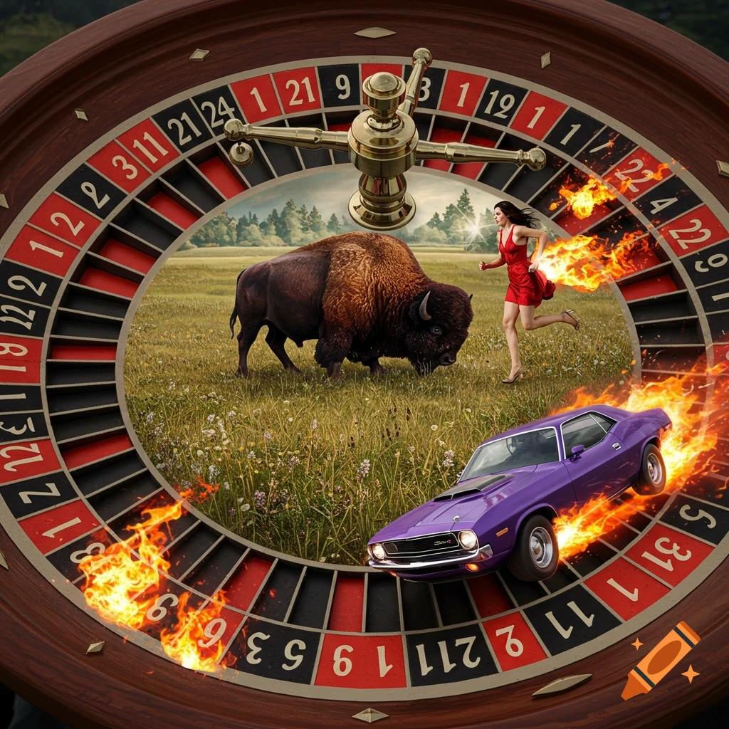 Surreal image with a roulette wheel border containing a scene of a ...