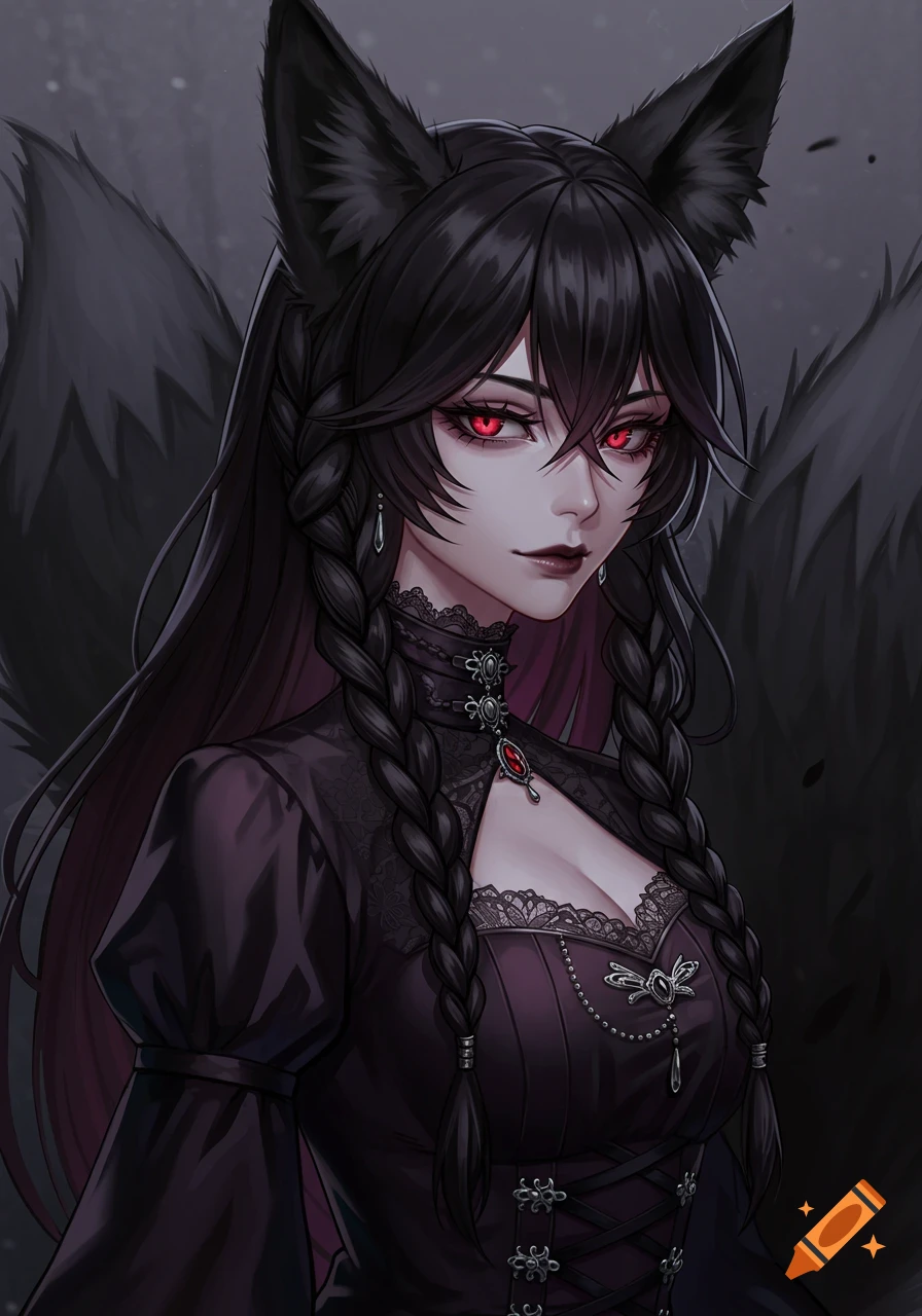 Anime portrait of a gothic fox woman with black hair, red eyes, fox ...