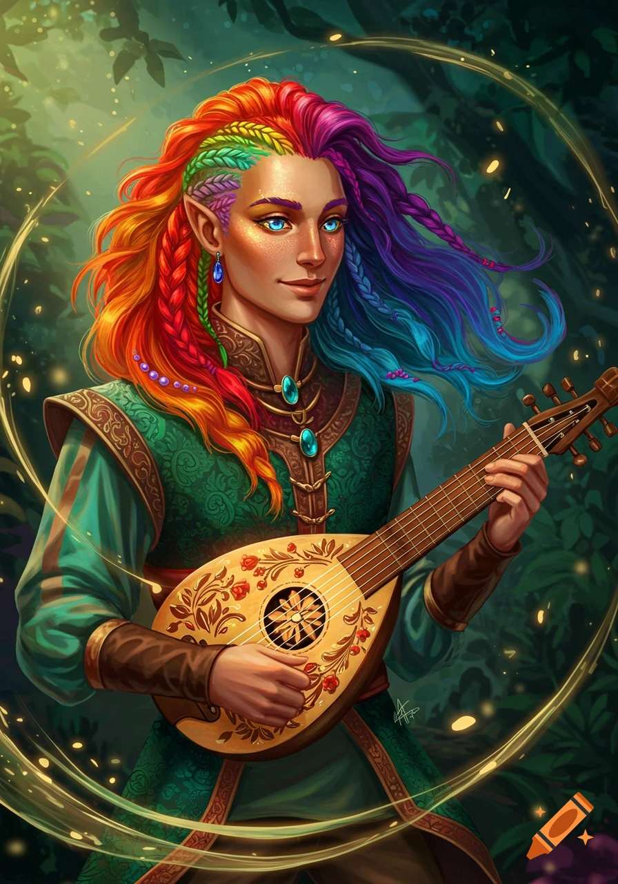 Fantasy character with rainbow hair plays a lute in a forest on Craiyon
