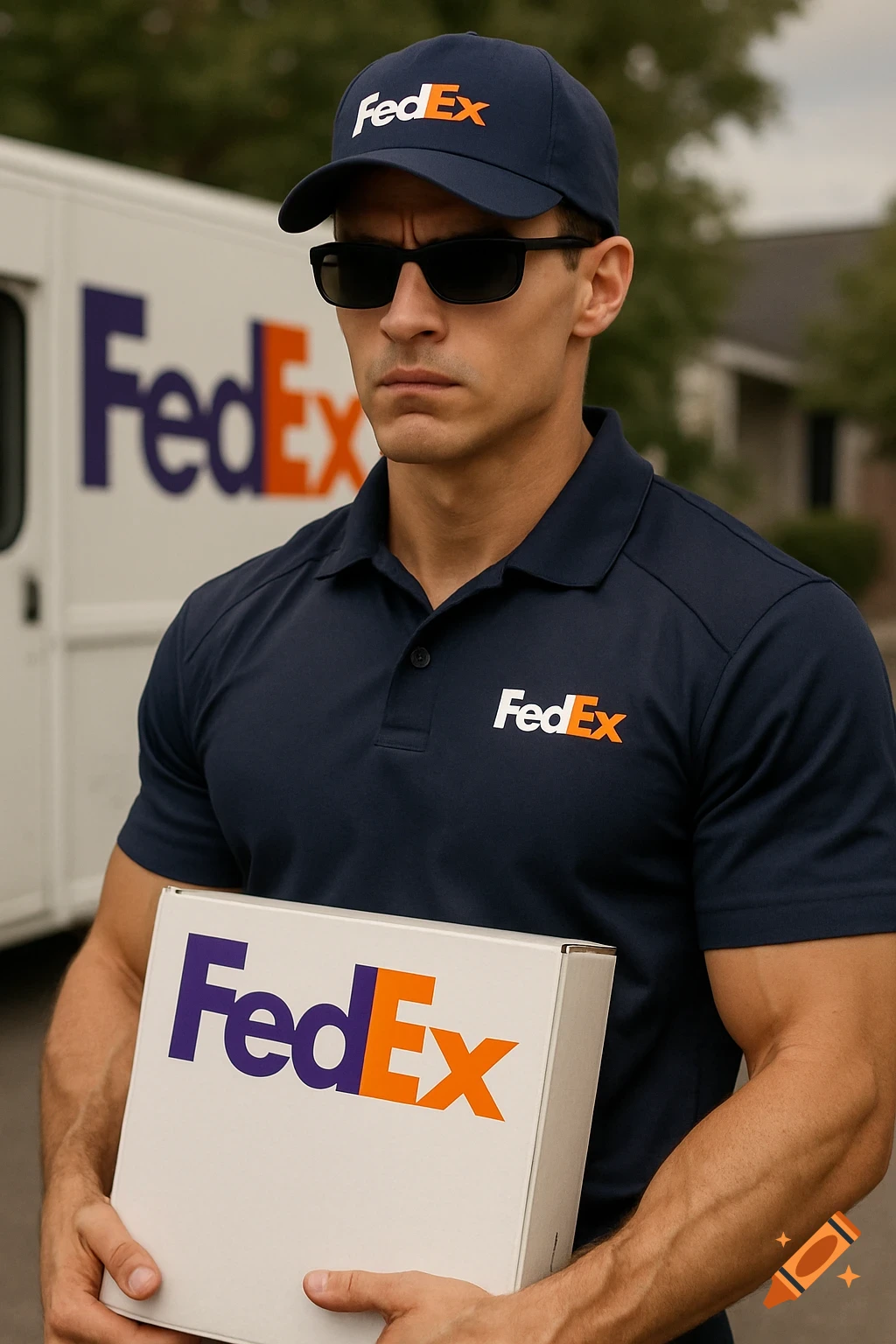 Muscular man in a FedEx uniform holding a package near a FedEx truck ...