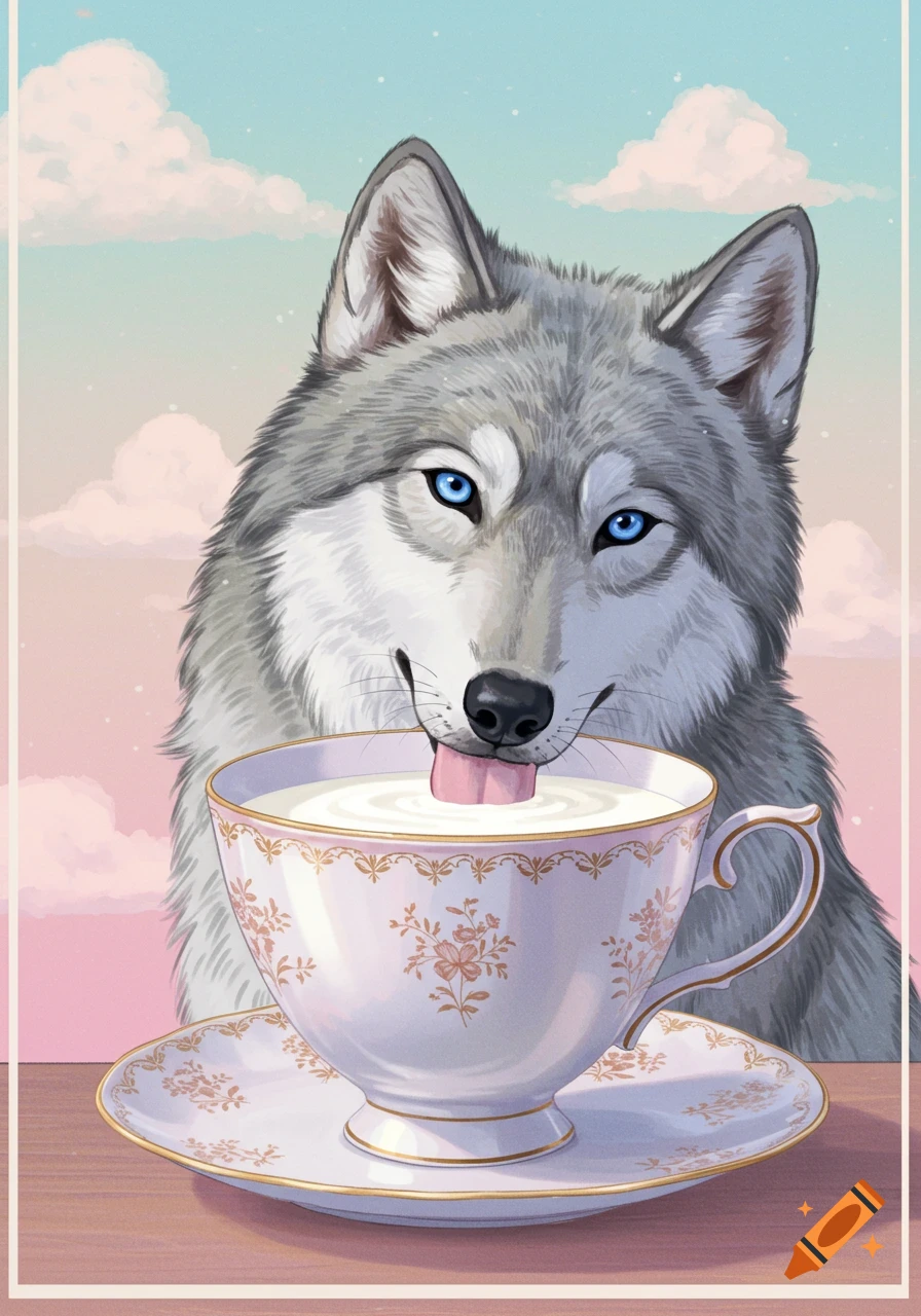 A gray wolf with blue eyes licking milk from a teacup against a cloudy ...