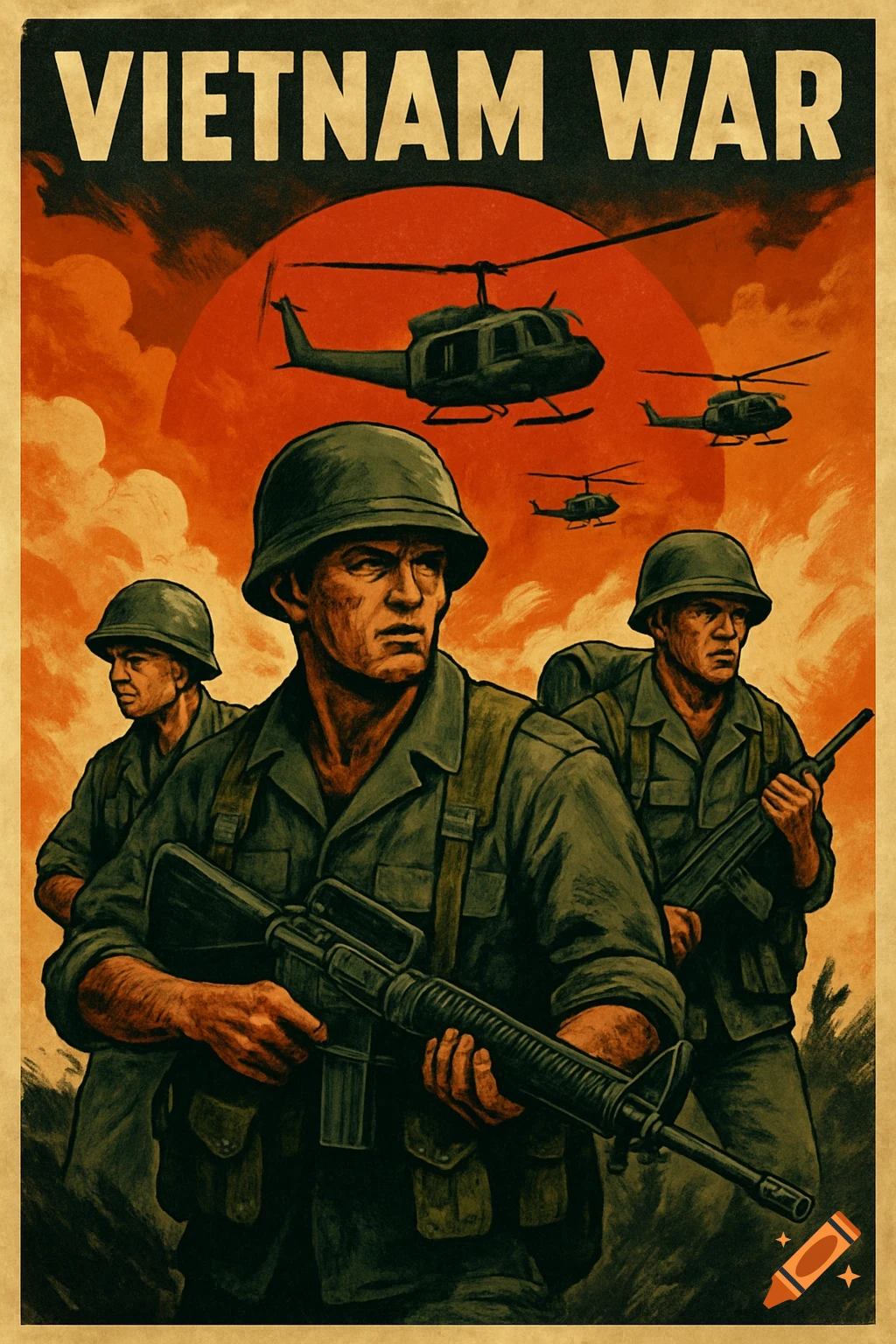 A retro-style poster depicting soldiers and helicopters with the text ...