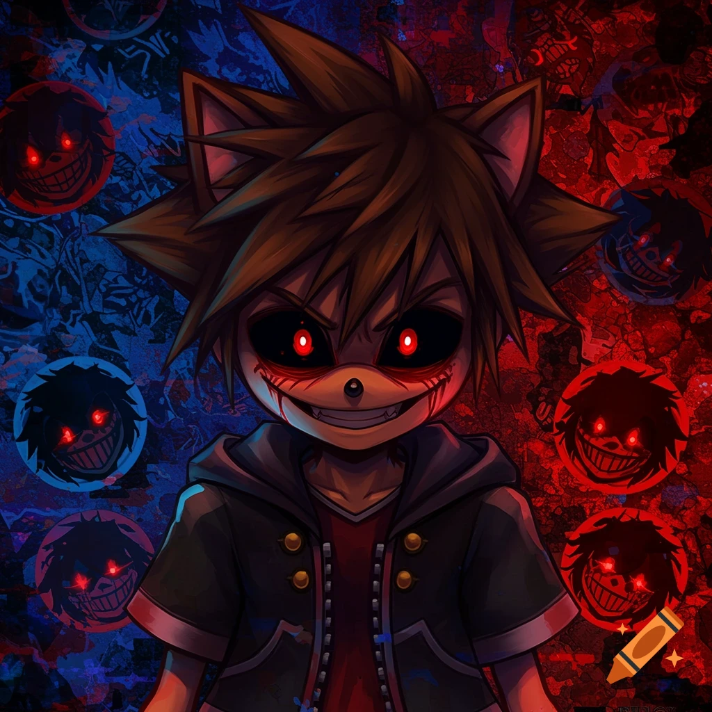 Anime art of a creepy Sora-Sonic fusion with red eyes and grin ...