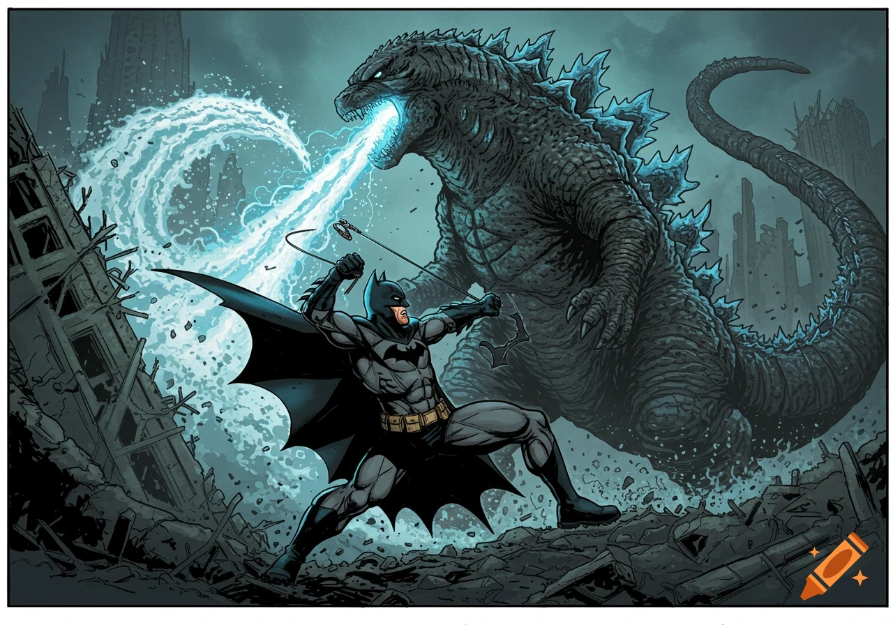 Batman grappling with Godzilla in a destroyed city, comic art style. on ...
