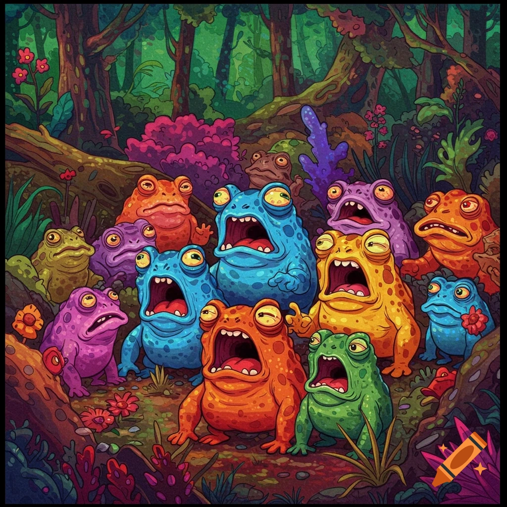 Colorful cartoon frogs with wide-open mouths screaming in a forest ...
