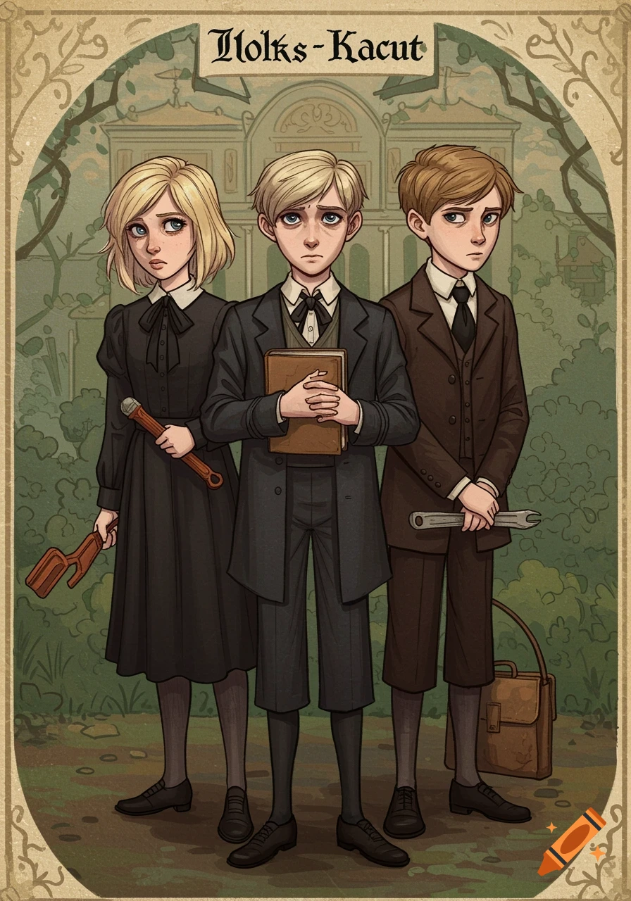 Illustrated portrait of three young characters in old-fashioned clothes ...