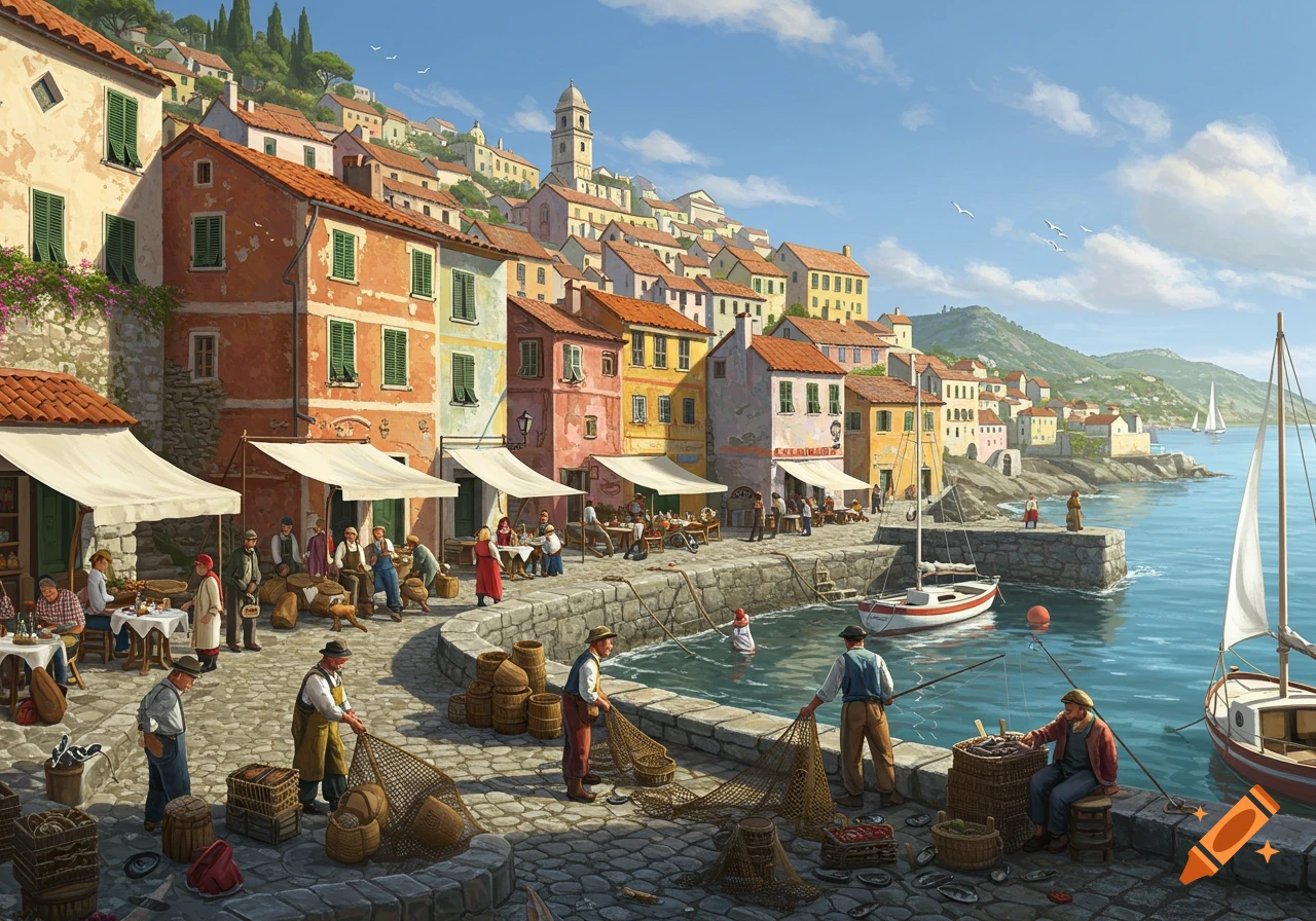 Illustration of a busy harbor in a colorful coastal town with people ...